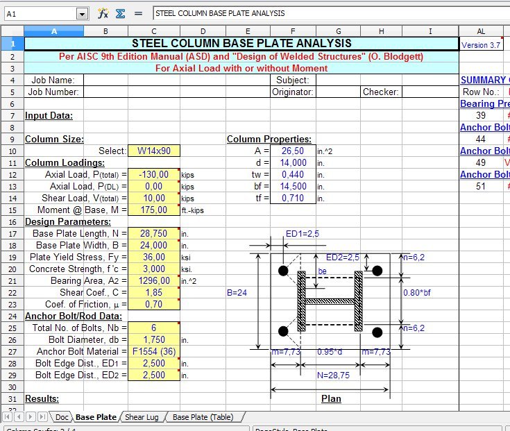 BASEPLT9 Steel Column Base Plate Analysis Per AISC 9th Ed Spreadsheet